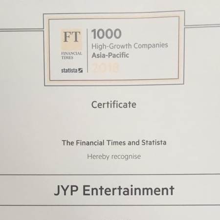 JYP, FT 선정 '아시아 태평양서 고성장중인 1000개 기업' 중 한국엔터사 중 유일하게 177위 진입