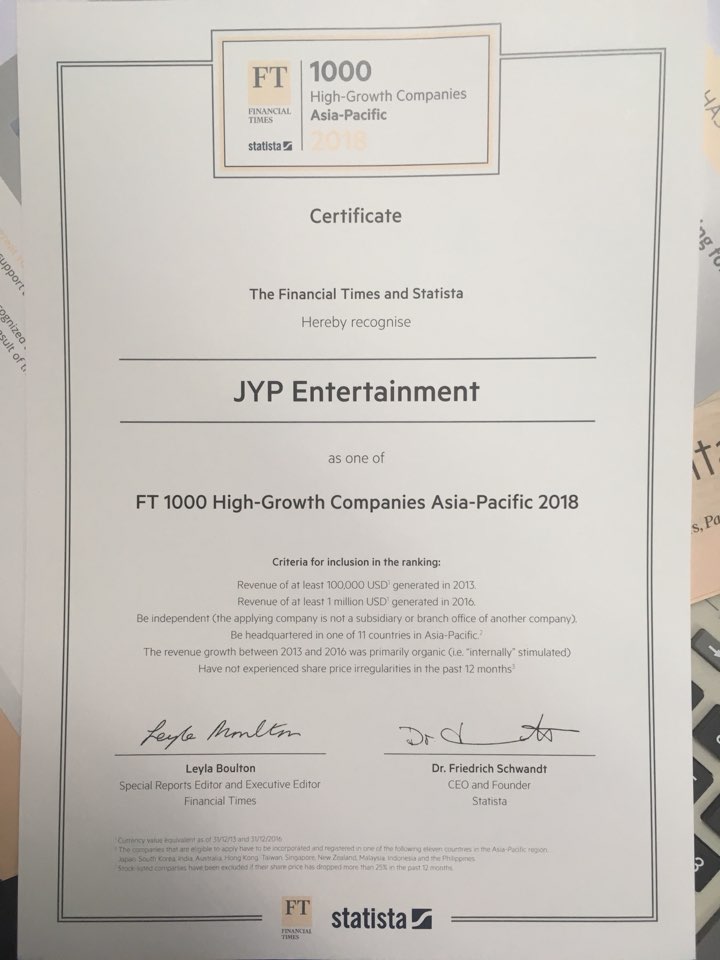 JYP, FT 선정 '아시아 태평양서 고성장중인 1000개 기업' 중 한국엔터사 중 유일하게 177위 진입