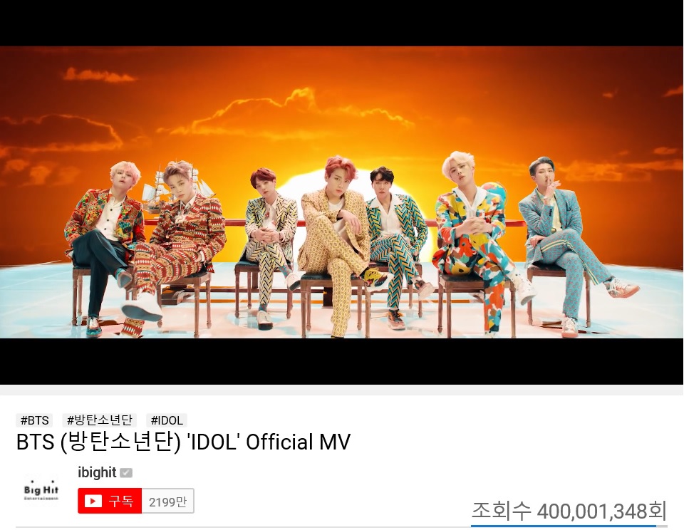 Bts ‘idol 뮤직비디오 4억뷰 돌파 통산 7번째로 韓 가수 최다 기록 자체 경신